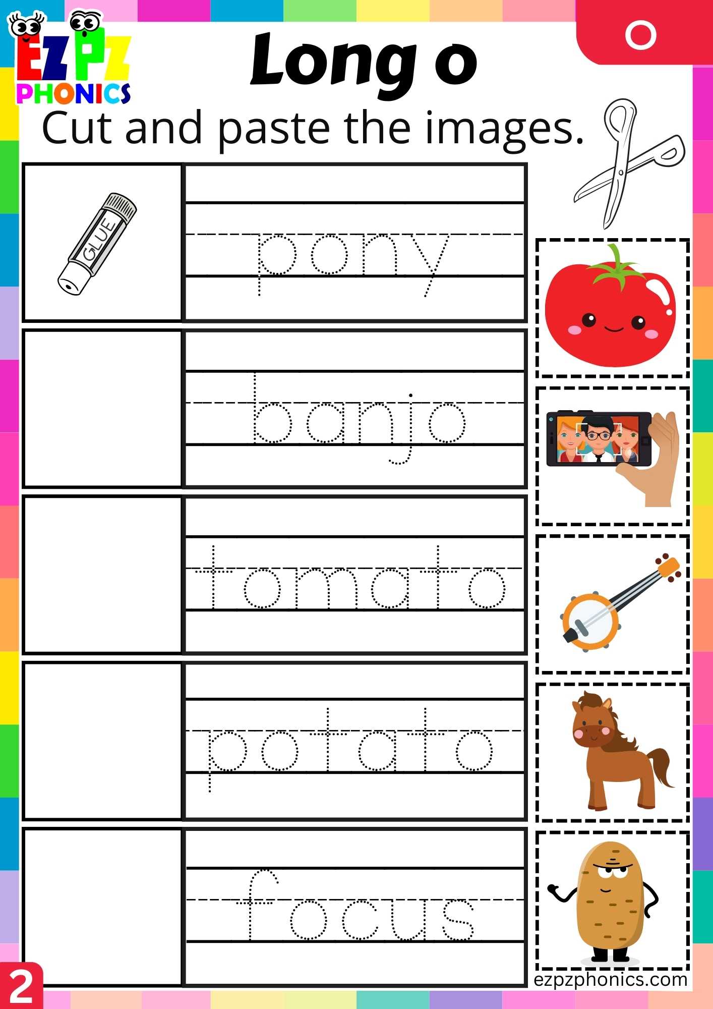 Group2 O Words Cut And Paste The Images Long O Phonics Worksheet - ezpzphonics.com